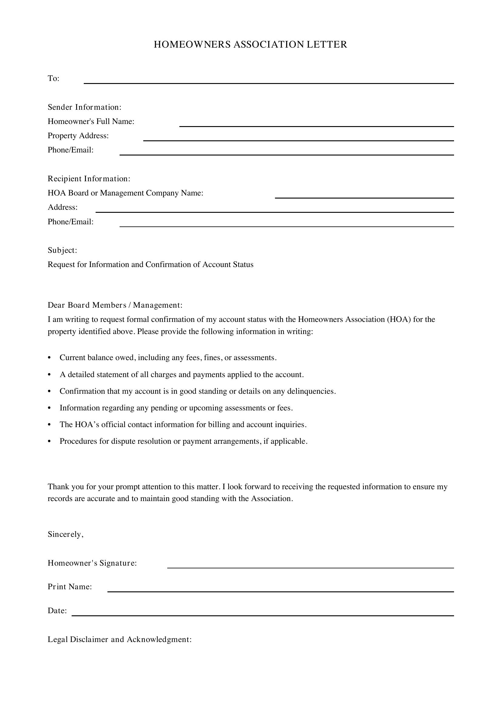 Hoa Letter Template - US