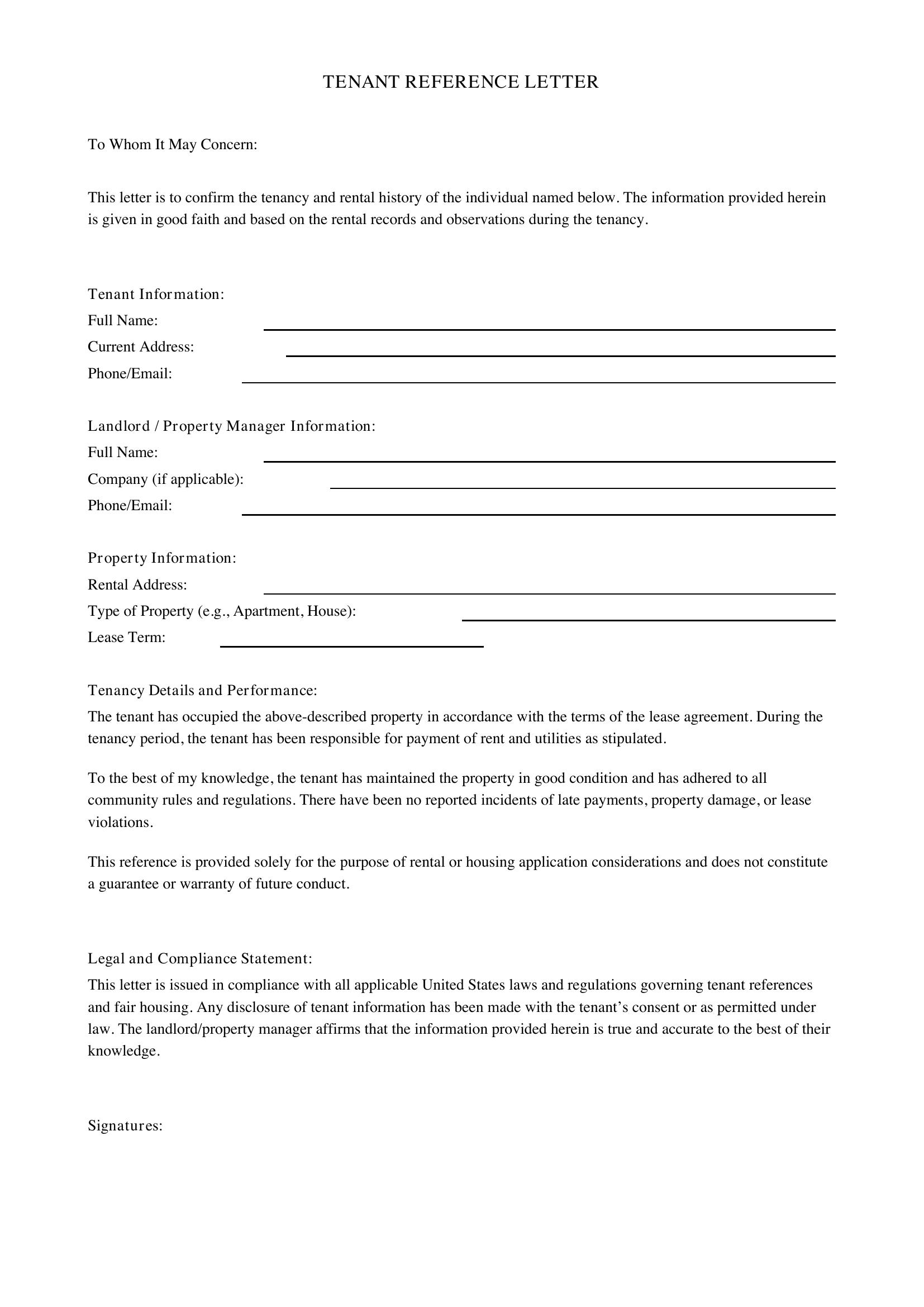 Tenant Reference Letter Template - US